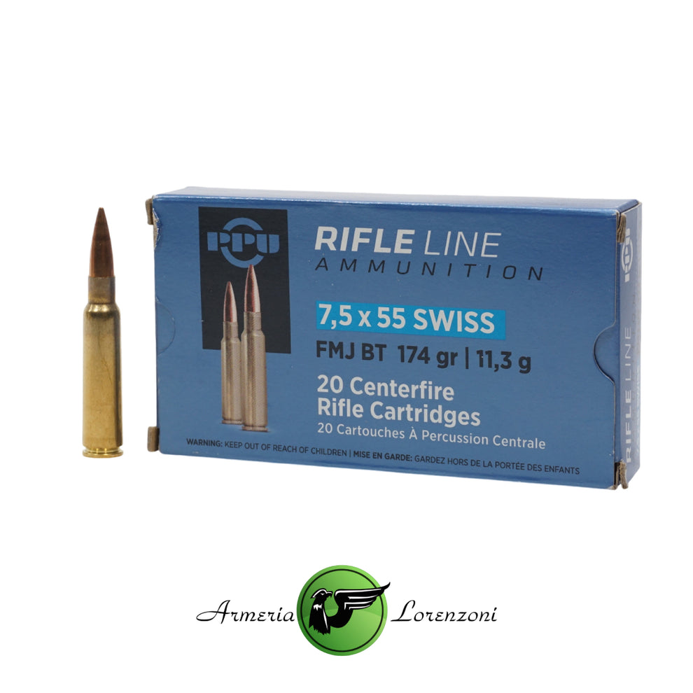 PPU RIFLE LINE AMMUNITION 7,5X55 SWISS FMJ BT 174 GR. – Armeria Lorenzoni